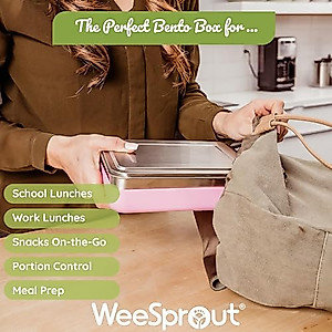 WeeSprout 18/8 Stainless Steel Bento Box (Large) - 3 Compartment Metal Lunch Box, Skid-proof Silicone, for Kids & Adults, Bonus Dip Container, Fits in Lunch & Work Bags, Dishwasher & Freezer Friendly