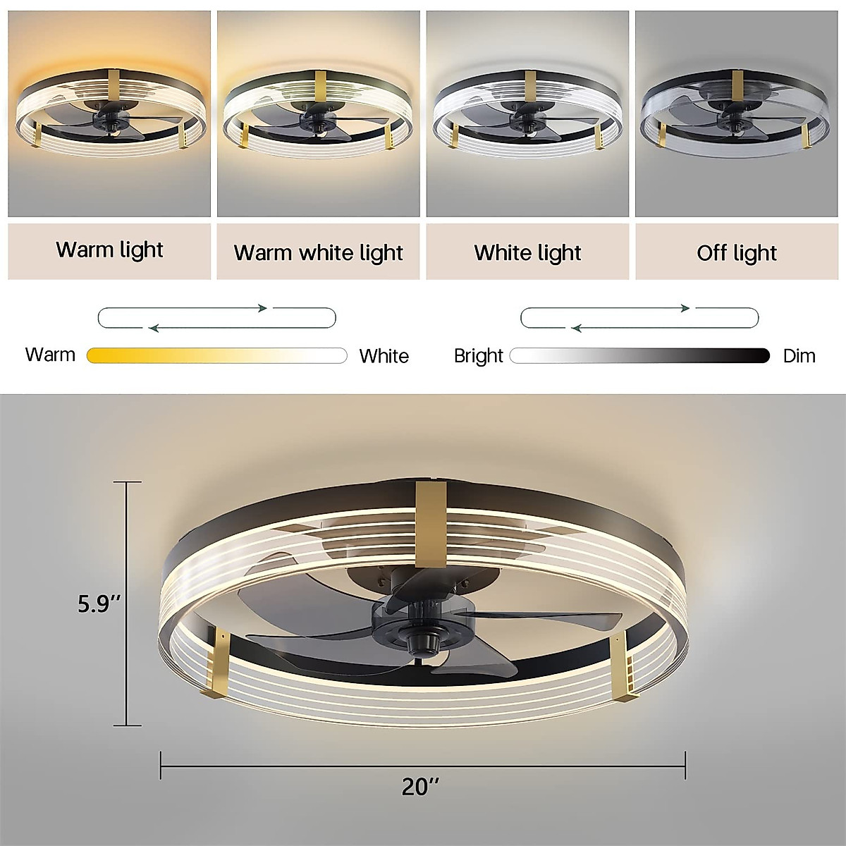 GOSONKT 19.7" Low Profile Ceiling Fan with Lights and Remote, Modern Flush Mount LED Stepless Dimmable, Reversible Blades,6 Speeds Timing for Bedroom, Indoor Use - Black