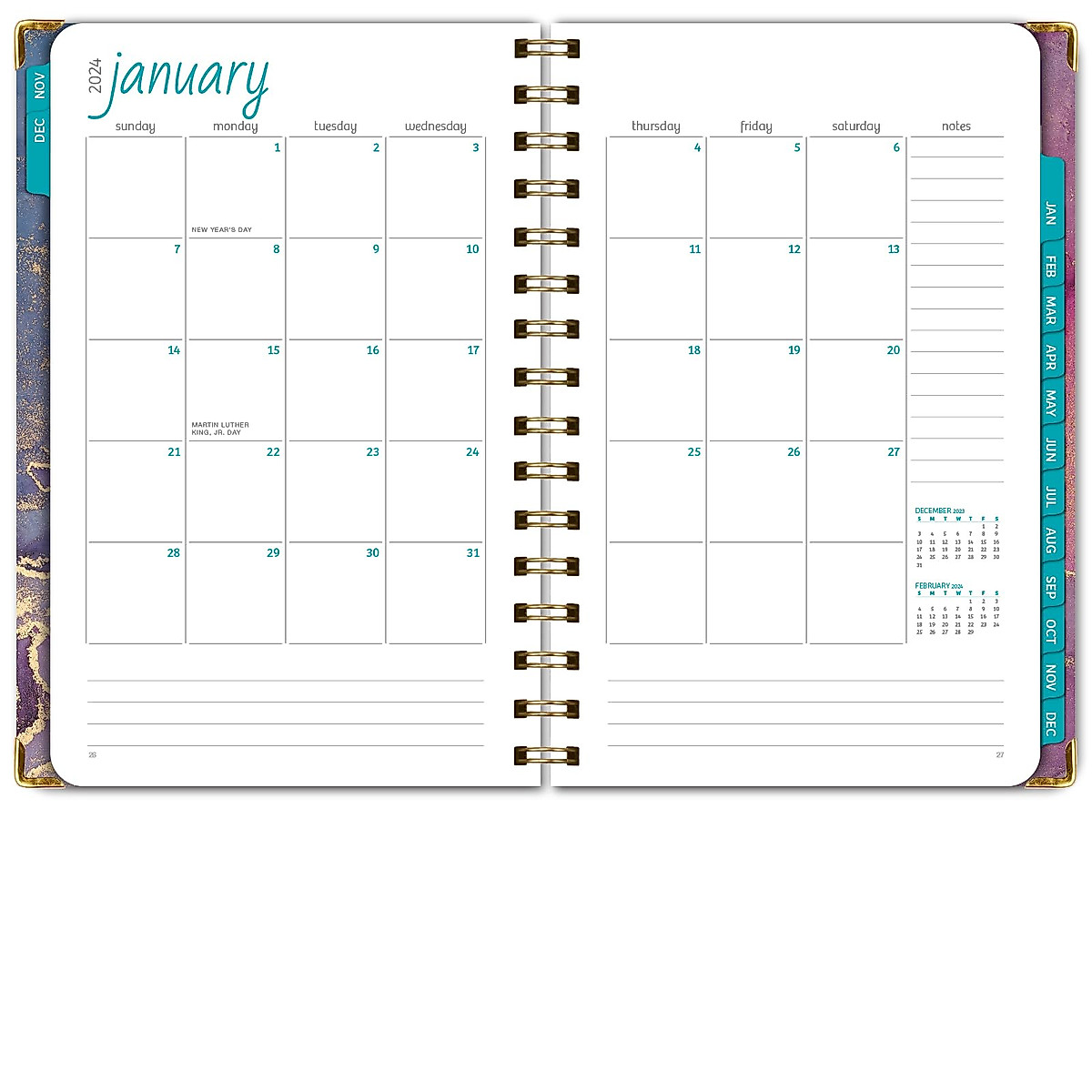 Global Printed Products HARDCOVER 2024 Planner: (November 2023 Through December 2024) 5.5"x8" Daily Weekly Monthly Planner Yearly Agenda Bookmark, Pocket Folder & Sticky Note Set (Pink Purple Marble)