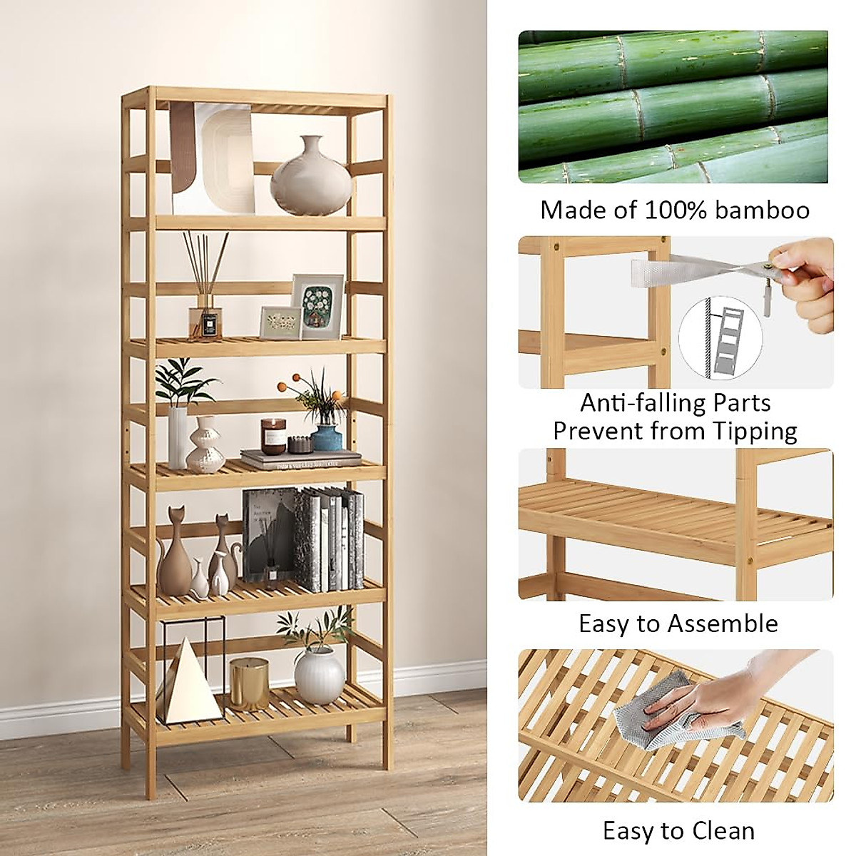 HLXZN 6 Tier Bamboo Freestanding Shelf Unit, Multifunctional Bookshelf Bookcase for Bathroom, Kitchen, Living Room, Office