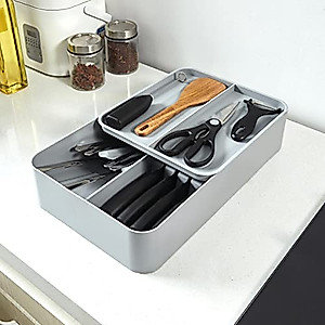 RYOOJNM Kitchen Silverware Organizer,Expandable Double Layer Knife Drawer Organizer,Compact Utensil Organizer for Partition kitchen Gadgets - Holds 9 Knives/24 Forks