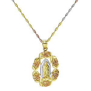 Pyramid Jewelry 14K Tri Color Gold Virgin Mary Guadalupe Rose Frame Pendant Necklace (16 Inches, Tri-Color Singapore Chain)
