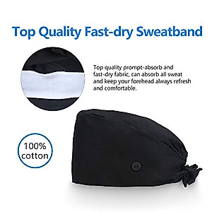 QBA Adjustable Working Cap with Button, Cotton Working Hat Sweatband, Elastic Bandage Tie Back Hats for Women & Men, One Size Black