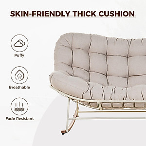 Grand patio Rocking Chair Outdoor, Oversized Papasan Rocking Chair for 2 with E-Coated Steel Frame and Thick Cushion, Comfy Rocking Loveseat for Patio Porch Deck, Apricot