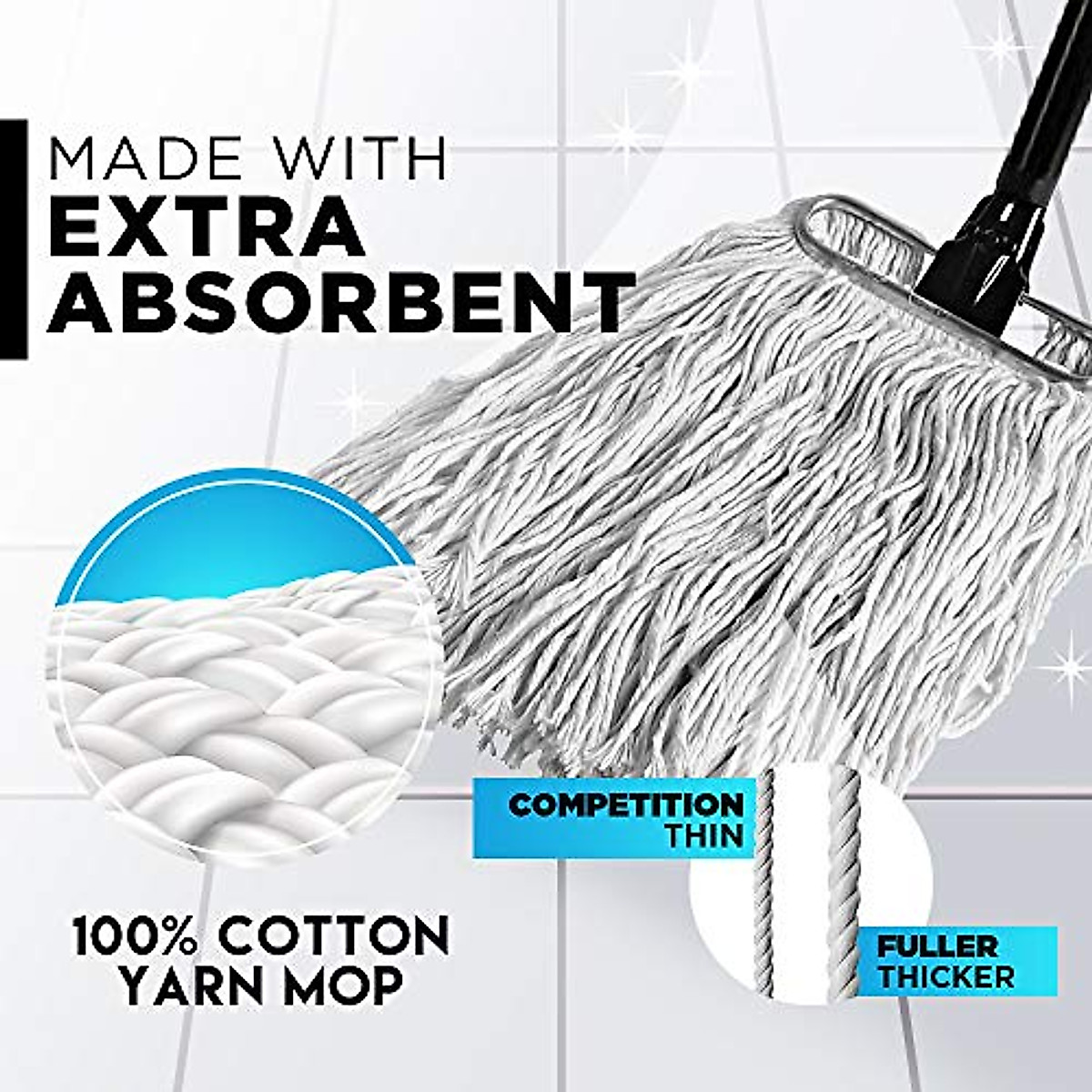 Fuller Brush Wet Mop – Absorbent & Professional Quality Cotton Yarn Floor Cleaner w/Steel Handle