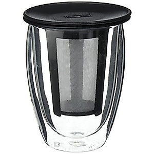 Bodum One Tea Strainer with Pavina Double Wall Glass Set, 12 Oz, Black