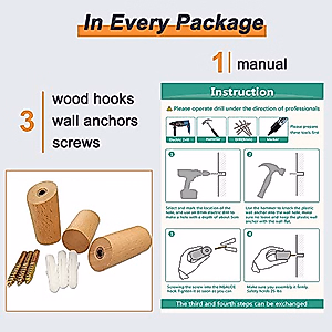 NEAUDE Wall Hooks Wooden Pegs for Hanging Natural Wood Coat Hangers Rustic Rack Wall Mounted Single Decorative Clothes Hook Peg Rack for Entryway Jacket Hat Backpack Coat Hooks Screw in Wall (3 PCS)