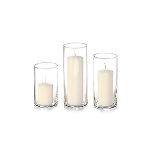 Yummi Set of 36 Slim Pillar Candles and Cylinder Vases - Ivory