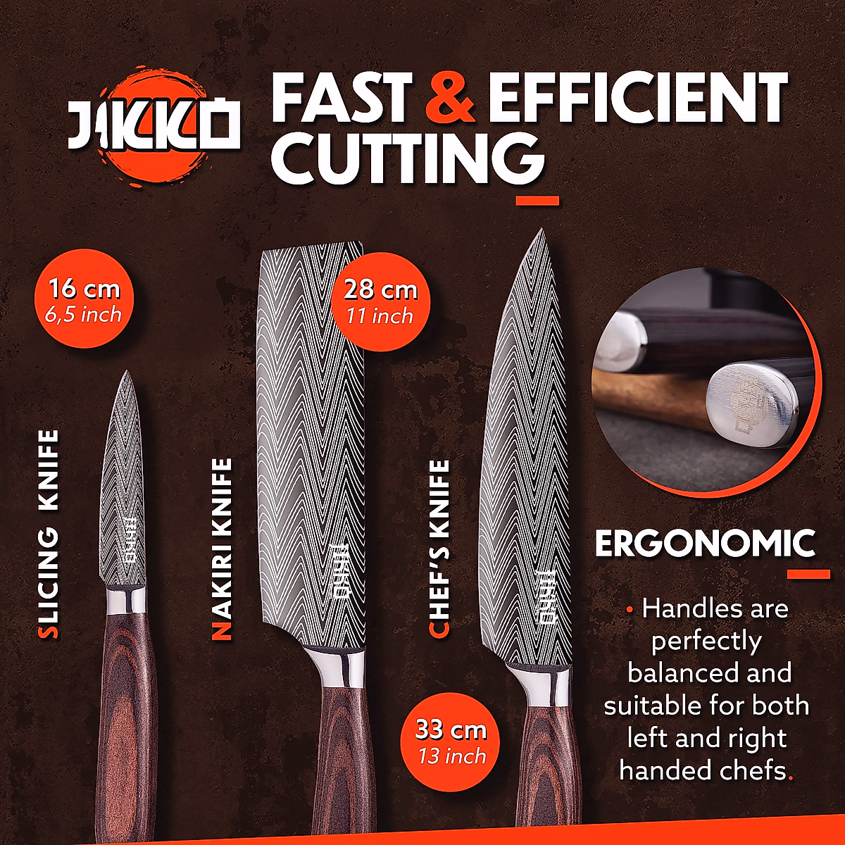 JIKKO New 67 Layers Carbon Steel Japanese Kitchen Knife Set - DiamondRazor Series - Mahogany and Walnut Wood Handles - Chef's Knives with Exceptional Sharpness - HRC60 Approved