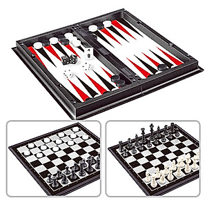 3-in-1 Magnetic Travel Chess Set - Includes Backgammon and Checkers. Compact Size (10 x 10 Inches)