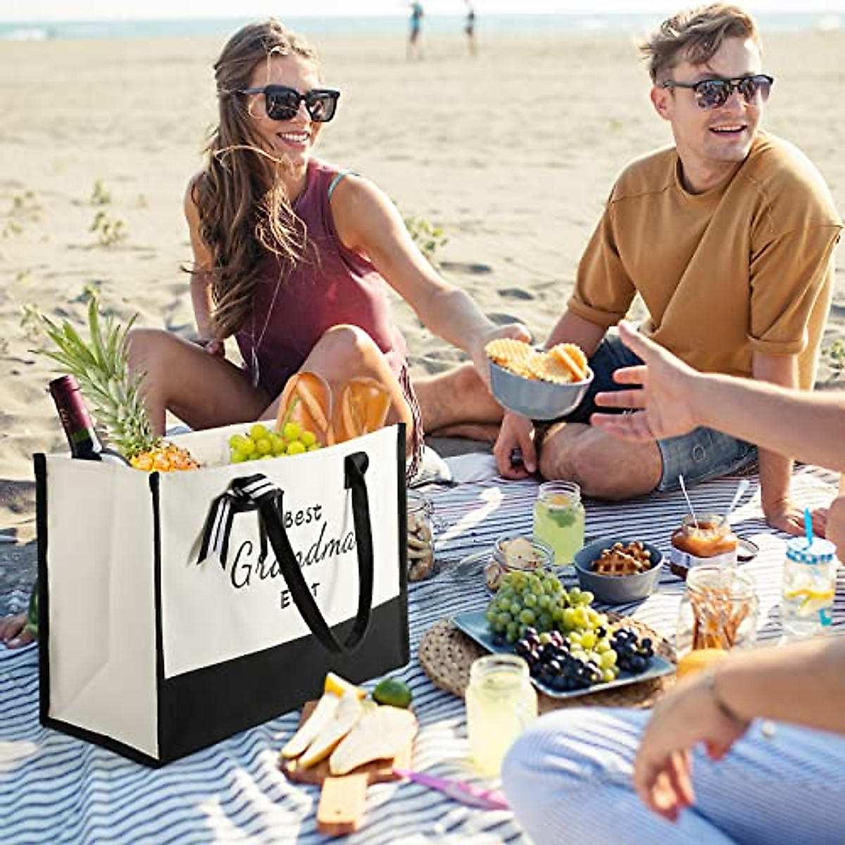 TRSODD Grandma Gifts, Gifts for Grandma, Embroidery Tote Bag for Women, Grandma Birthday Gifts, Best Grandma Ever Beach Bag with Inner Pocket, Beautiful Gift Box and Greeting Card Sets