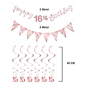 Rose Gold 16th Birthday Decoration for Girls, Happy 16th Birthday Banner Bunting Swirls, Triangle Flag Banner for 16 Birthday Party Decorations Supplies