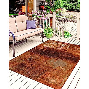 Burnt Orange Outdoor Rug for Patio/Deck/Porch, Modern Geometric Non-Slip Large Area Rug 5 x 8 Ft, Abstract Art Oil Painted Indoor Outdoor Rugs Washable Area Rugs, Reversible Camping Rug Carpet Runner