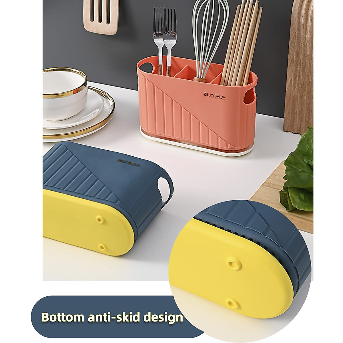 Jaugufiy Kitchen Cutlery Drainer Utensil Holder Cutlery Storage Box Wall-Mounted Tableware Storage Holder Utensil Caddy Flatware Organizer Countertop (Green)