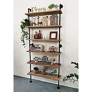 Anynice 6 Tier Industrial Ladder Pipe Shelf Bookcase, Rustic Wall Mounted Pipe Bookshelves for Decor and Storage