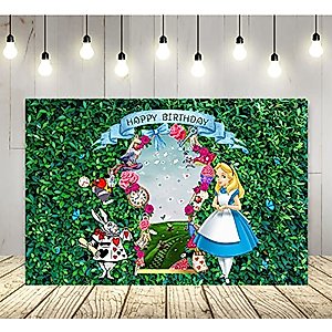 Alice in Wonderland Backdrop for Birthday Party Supplies 5x3ft Green Leaves Photo Background for Alice Wonderland Theme Party Cake Table Decorations Baby Shower Banner