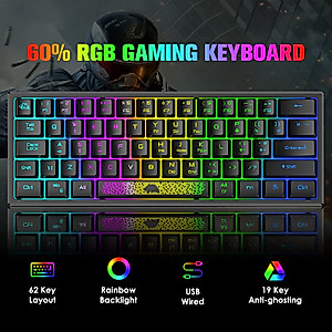 ZIYOU LANG K61 60% Gaming Keyboard Mini Portable with Rainbow RGB Backlit Ergonomic 62Key Layout 19Key Anti-ghosting Mechanical Feel Waterproof USB Wired for PC Mac Windows Gamer Laptop Typists(Black)