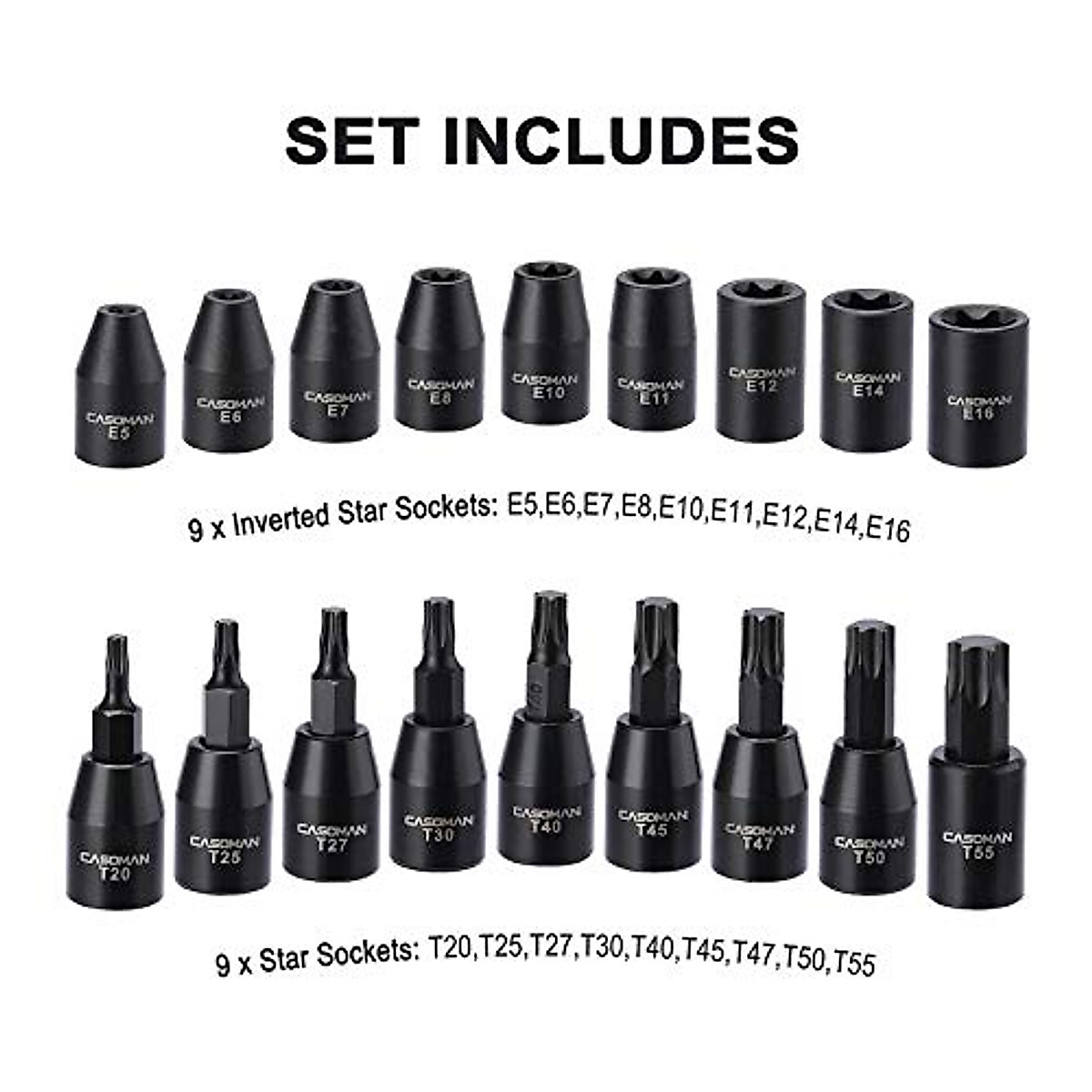 CASOMAN 87 Pcs 3/8" Drive Master Impact Socket Set, SAE&Metric Standard,Deep,Swivel Sockets,Cr-MO Steel, Includes Star and Inverted Star Socket, Imapct Universal Joint, Extension Bars