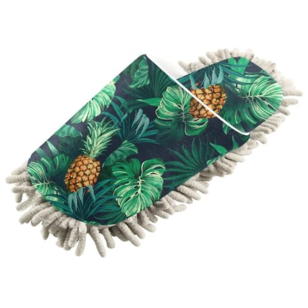 FLildon Microfiber Cleaning Slippers Tropical Leaf Pineapple Washable Mop Shoes Slipper for Men/Women House Floor Dust Cleaner, Size L