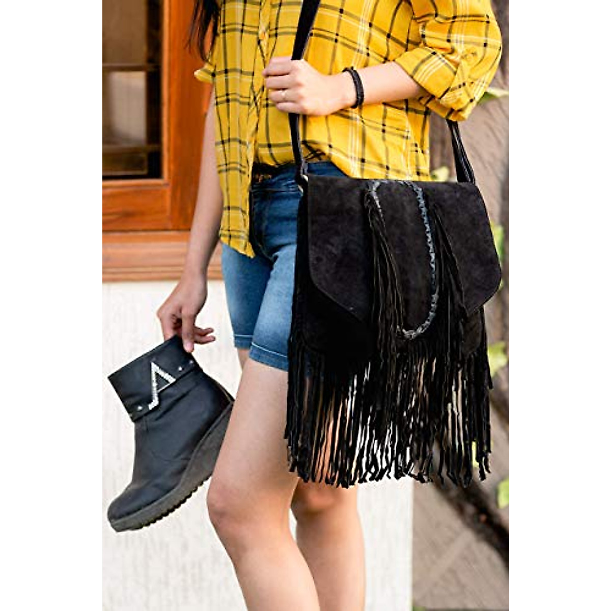 AryanExports Women Hippie Fringe Bags Fashion Bohemian Black Tassel Cross Body Bag Vintage Boho Bags