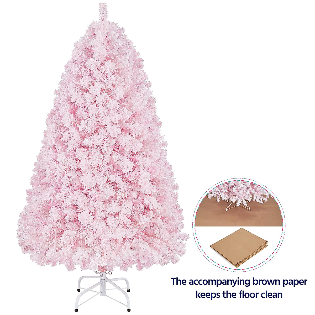 Yaheetech 4.5ft Pre-lit Artificial Christmas Tree with Incandescent Warm White Lights, Snow Flocked Full Prelighted Xmas Tree with 340 Branch Tips, 150 Incandescent Lights & Foldable Stand, Pink