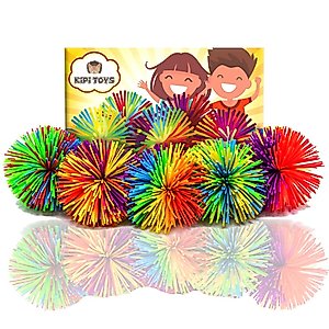 Fun Toy Stringy Balls Game Set of 5 Bundle Gift Box Bulk Relief Relax Fidget Play Squeeze Sensory Rainbow Splat Ball Monkey Toy Pom Pom Stress Ball Games for Kids Children Adults Office and Home
