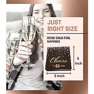 Rose Gold Foil Cocktail Napkins with Cheer 60 Years | Folded 5 x 5 Inches Disposable Party Napkins | 3-Ply Paper Beverage Napkins for 60th Birthday Decorations, Wedding Anniversary, Retirement, Black