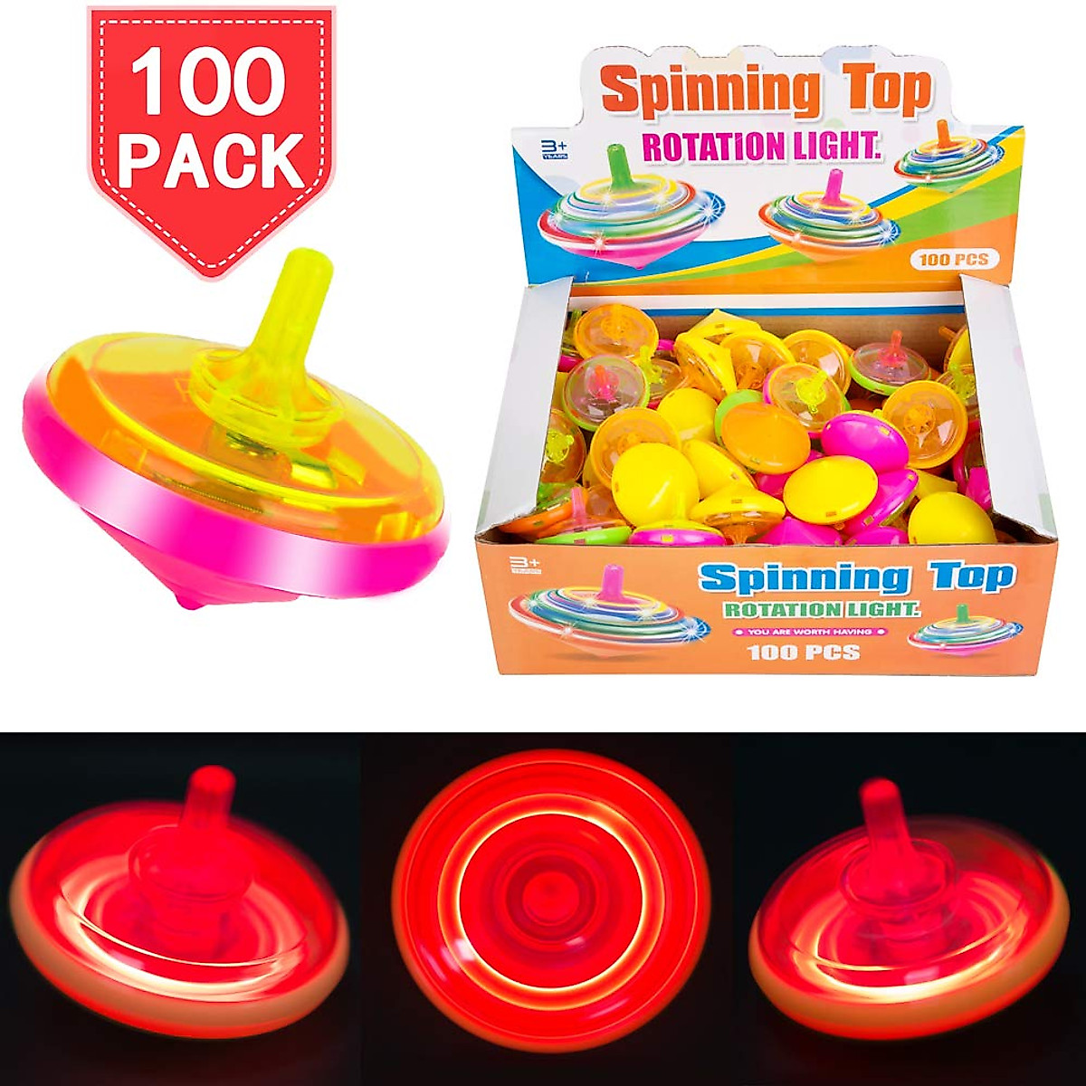 PROLOSO 100 Pcs Light Up Spinning Tops LED Flashing Spinners with Gyroscope