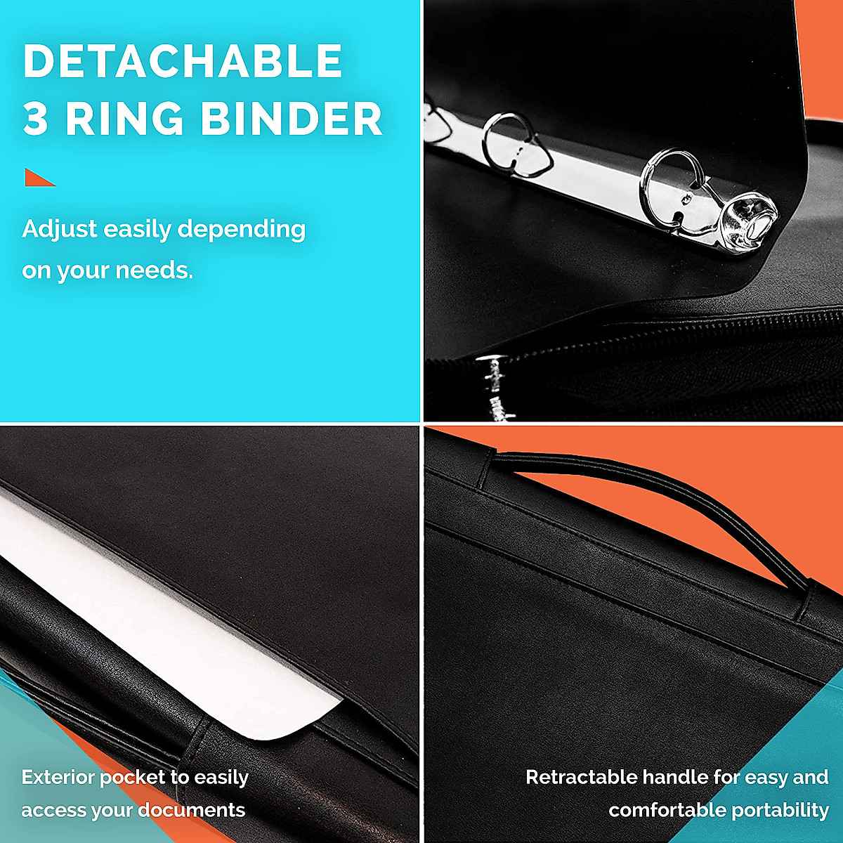 Wundermax Portfolio Binder - 13 x 10.7 x 1.9 Inch, Vegan Leather, 3-Ring Padfolio for Women and Men w/Handle, Zipper, Notepad, Detachable Binder and Pockets for Tablet, Resume and Documents - Black