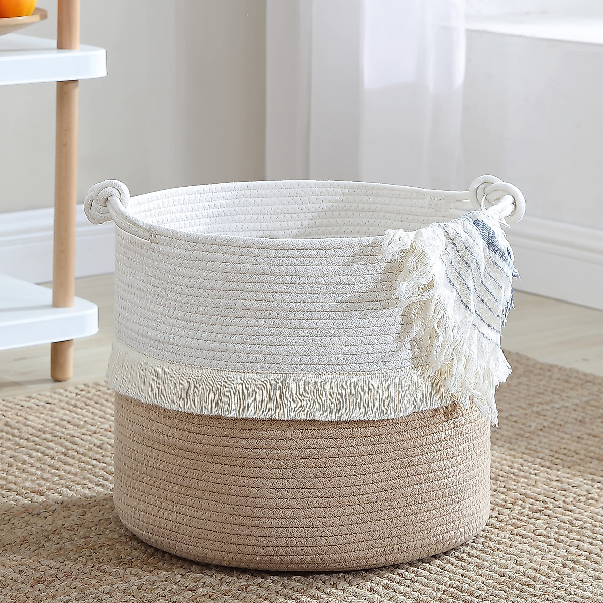 Organizix Round Woven Boho Cotton Rope Storage Tassels Basket, Laundry Basket Hamper, Decorative Fringe with Knot Handles, Toys and Blanket Basket for Nursery, White/Brown, 13 x 16