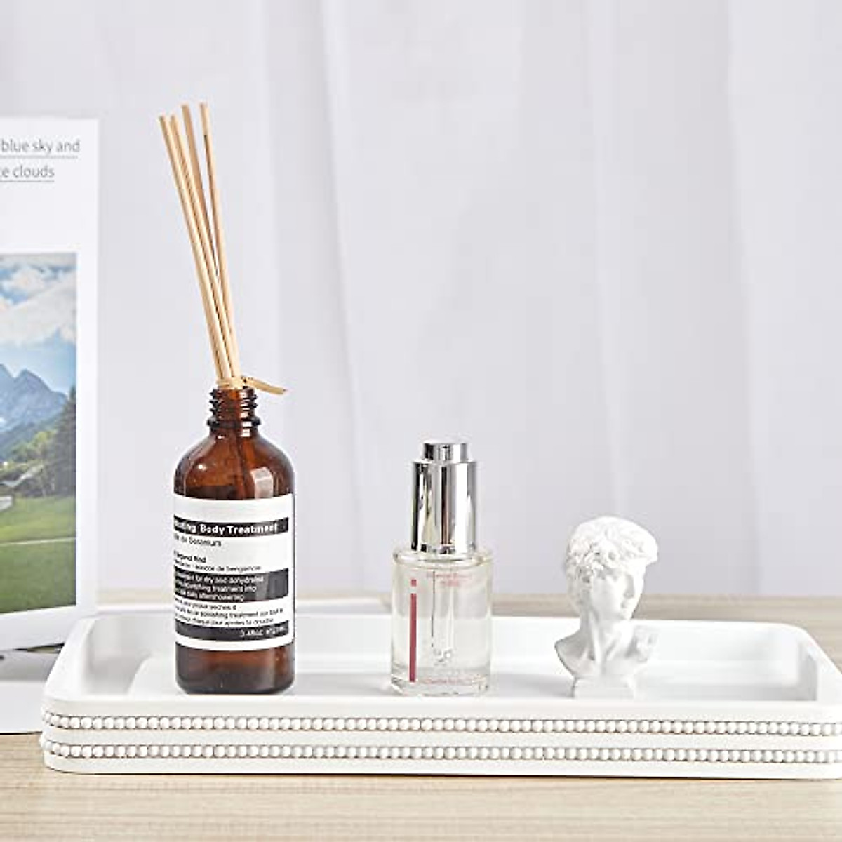 YJNSFT 11" Large Vanity Sink Tray for Bathroom Counter, Resin Toilet Tank Storage, Rectangular Kitchen Soap Organizer, Jewelry Plate Decor Holder for Perfume, Candles, Tissues, Towel, Plant (White)