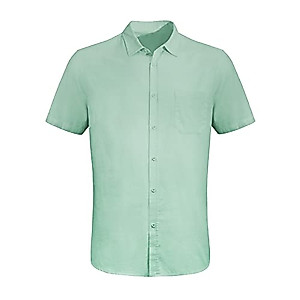 Men's Casual Summer Button Down Linen Shirts Short Sleeve Cotton Beach Tops with Pocket Green X-Large