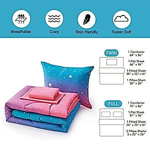 ART DEMO Rainbow Pastel Purple Comforter Sets for Teen Girls, Full Size 5 Pieces Bed in a Bag, Ultra Soft Microfiber Comforter and Sheet Sets, Cooling Summer Dorm Bedding Set