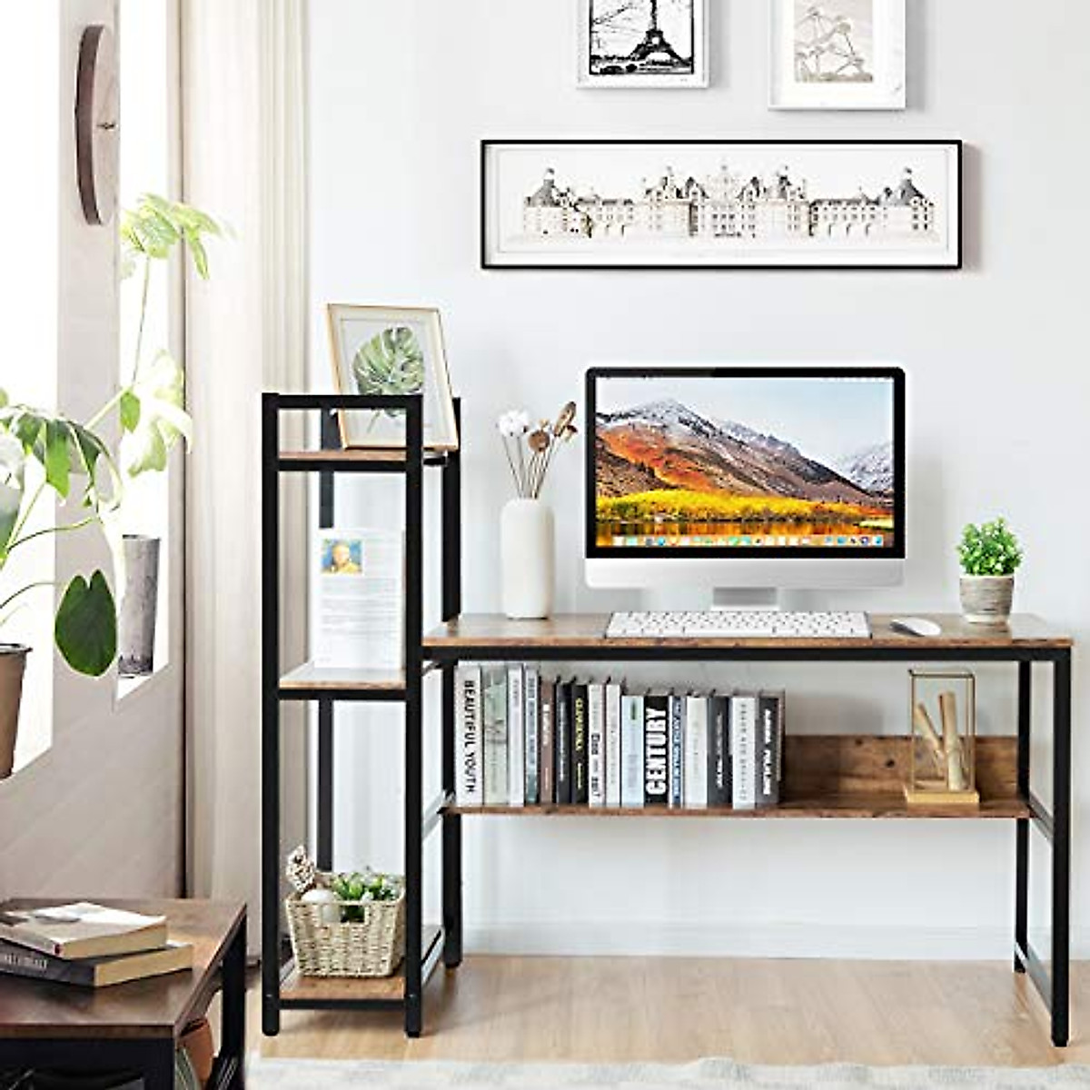 Tangkula 59-Inch Computer Desk with Bookshelf, Home Office Desk with Storage Bookshelf, Metal Frame & Adjustable Foot Pads, Space Saving Computer Workstation Study Writing Desk
