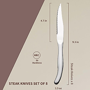 Alata 8-Piece Steak Knives Set, Stainless Steel Steak Knife set with Serrated Edge, Razor-Sharp, One-piece Forged Construction, Dishwasher Safe
