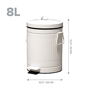 Retro Trash Can with Lid - 8L/2.1Gal Step Trash Can w/ Soft Closing Lid - Round Garbage Can w/ Handles - Touchless Trash Can w/ Removable Garbage Guard Bucket - Outdoor Garbage Can - Large Trash Bin, White