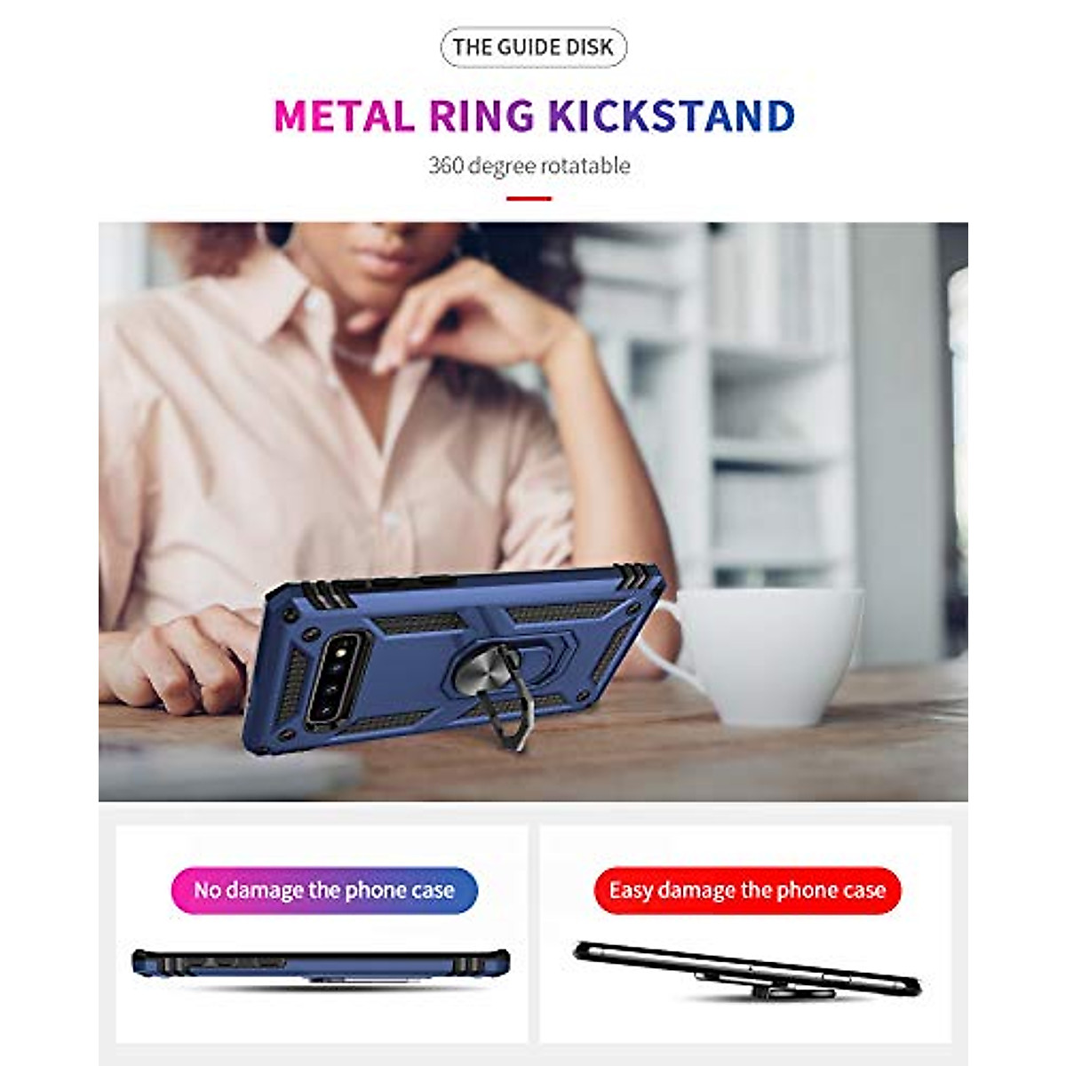 Androgate for Samsung Galaxy S10 Case with HD Screen Protectors, Military-Grade Metal Ring Holder Kickstand 15ft Drop Tested Shockproof Cover Case for Samsung Galaxy S10 (2019) Blue