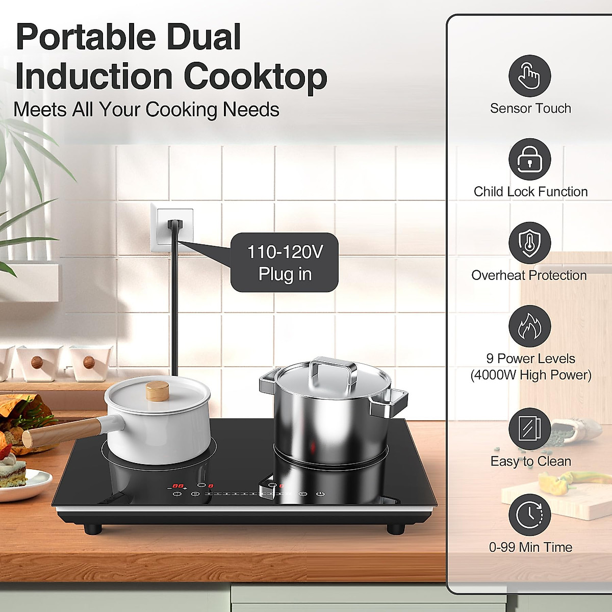 VBGK Double Induction Cooktop, 24 inch 4000W Induction stove top with hot plate,Electric cooktop with LCD Touch Screen 9 Levels Settings with Child Safety Lock & Timer 110V Induction cooktop 2 burner