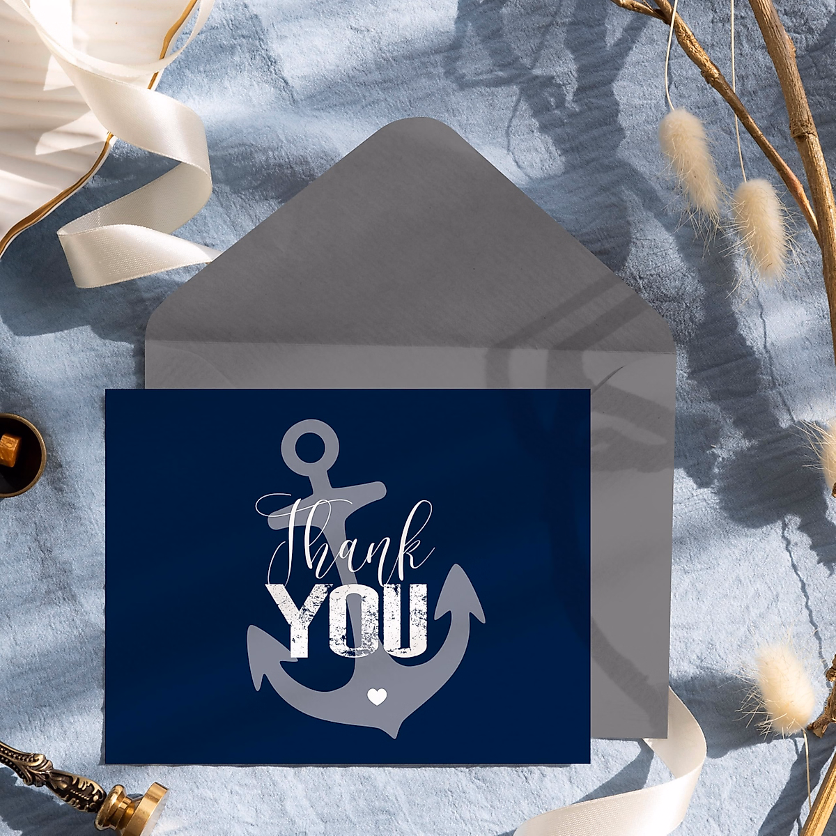 Paper Clever Party Anchor Thank You Cards with Envelopes for Bridal Shower, Wedding, Any Occasion, Blank Notecards Boys Baby Shower, 20 Pack