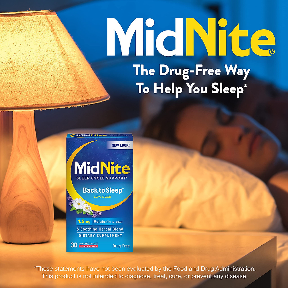 MidNite Back to Sleep Low Dose, 1.5 mg Melatonin Sleep Aid, Non-Habit Forming, Herbal Dietary Supplement for Adults, Drug-Free, Gluten-Free, Lactose-Free, Vegetarian, Vegan, 30 Quick Melt Tablets