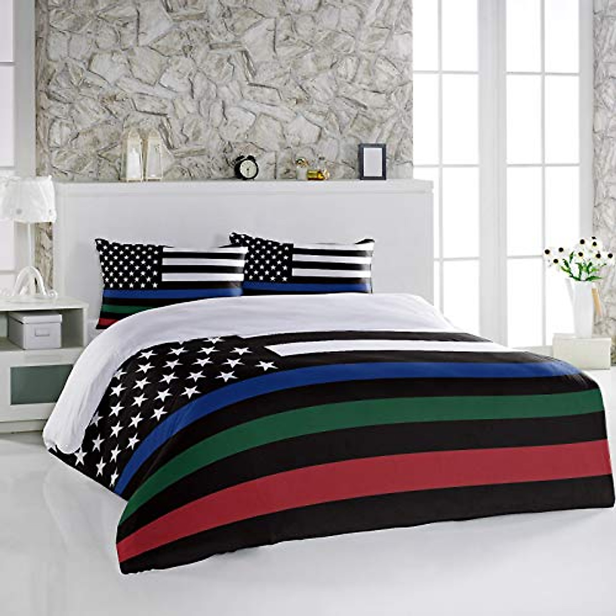 USA Flag Queen Duvet Covers Support Police Military and Firefighters 3-Piece Bedding Sets Luxury Soft Bed Comforter Protector with Pillow Cases for Women Men Girl Boy Thin Blue Green Red Line