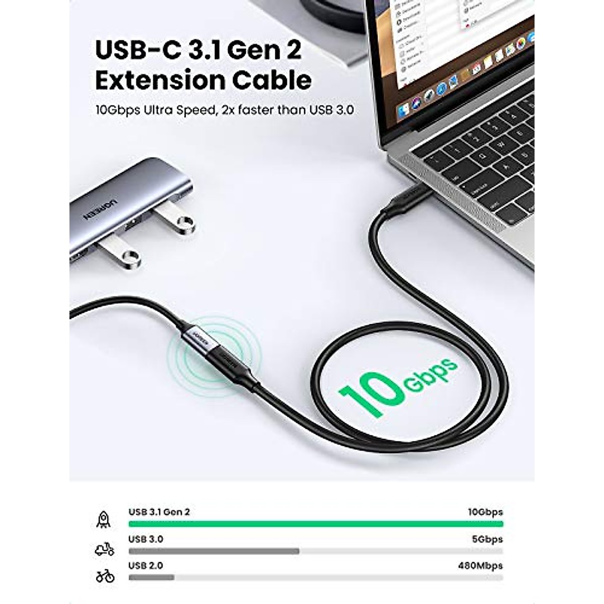 UGREEN USB Type C Extension Cable (10Gbps), USB 3.2 Type C Male to Female Fast Charging, Thunderbolt 3 Compatible with MacBook Pro iPad Pro Dell XPS Surface Switch DJI Mavic Dongle Hub,3FT