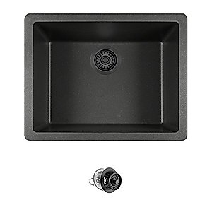 MR Direct 808-BL-CST Black Dual-Mount Granite 21-5/8 in. Single Bowl Kitchen Sink Matching 1 Colored Strainer