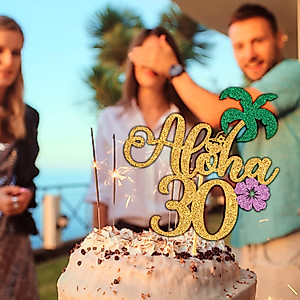 Gold Glitter Aloha 30 Cake Topper, Hello 30/Cheers to 30 Years/Happy 30th Birthday/Anniversay, Tropical Hawaiian Themed 30th Anniversary/Birthday Party Decorations