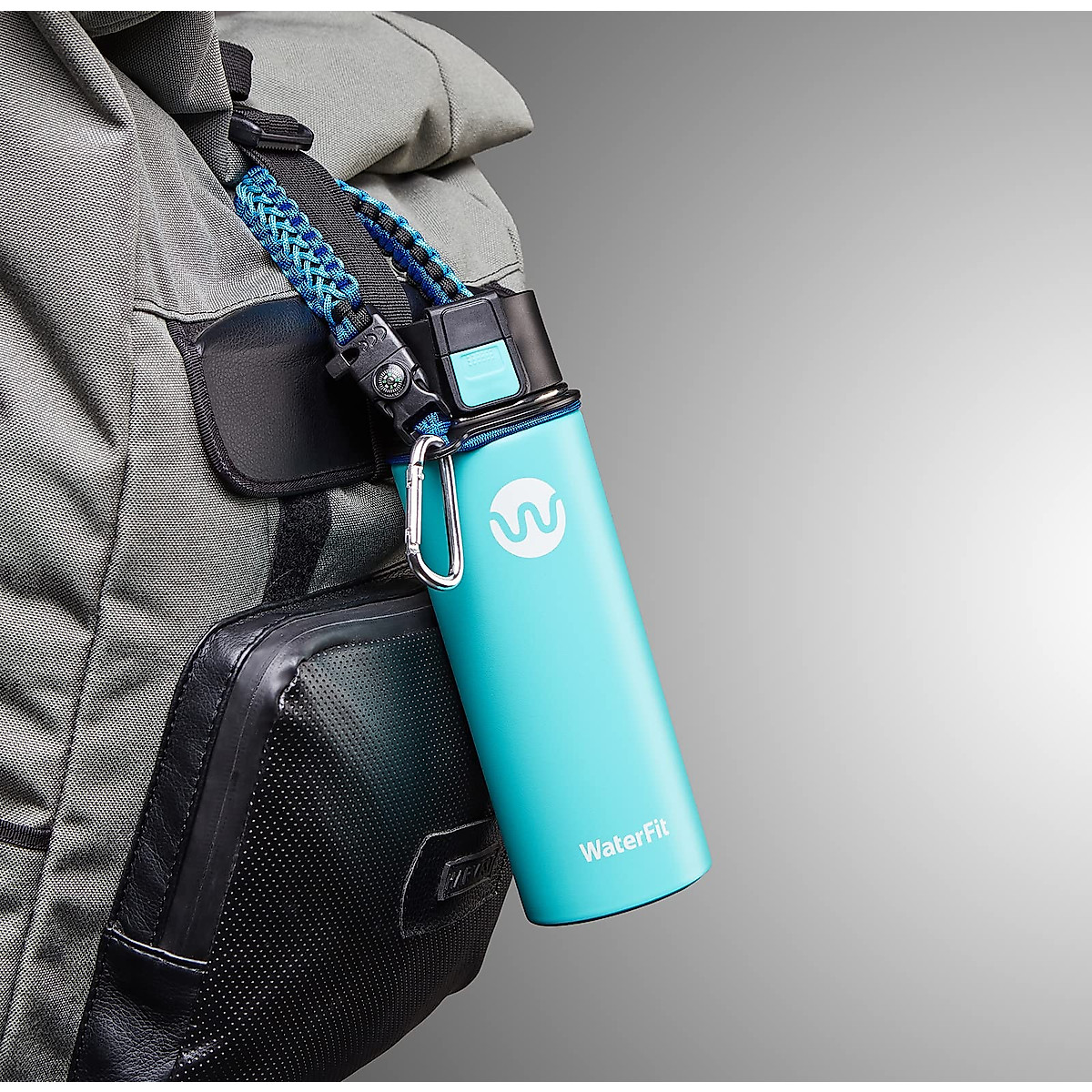 WaterFit Paracord Handle - Paracord Carrier Survival Strap Cord with Safety Ring and Carabiner Compatible with Hydro Flask Wide Mouth Water Bottles 12oz - 64 oz