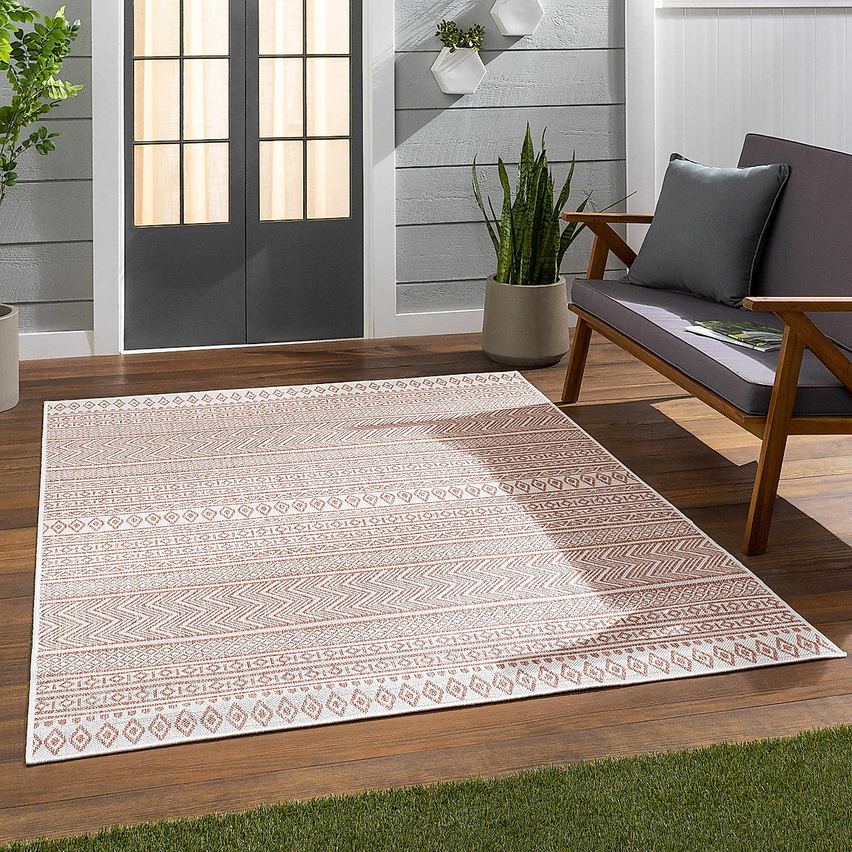Hauteloom Howie Hallway, Kitchen Patio Outdoor Runner Rug - Beige, Orange, Brown - 2'7" x 12'