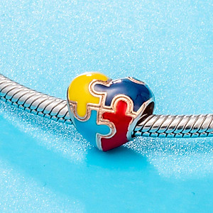 HOMIEBUDS Autism Awareness Charm, Rose Gold Puzzle Pieces Charms, fits DIY Snake Bracelet, 925 925 Sterling Silver Heart Beads Colorful Enamel Charms, Love Gifts for Women/Men/Girls/Boys