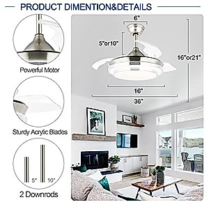 FebFurniture 36" Retractable Ceiling Fan with Lights, Modern Ceiling Fan with Retractable Blades, Silent Motor, 3 Light Color Change, Brushed Nickel