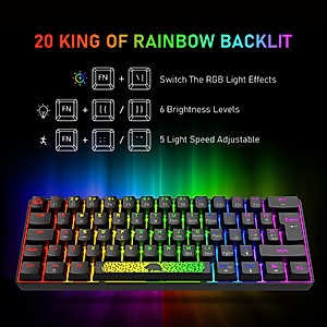 FELICON Portable 60% Mechanical Gaming Keyboard Type C Wired 62 Keys LED USB Waterproof Mini Keyboard 20 Chroma RGB Backlight Anti-ghosting Keys+Extra Keycaps for Computer/PC/Laptop/MAC