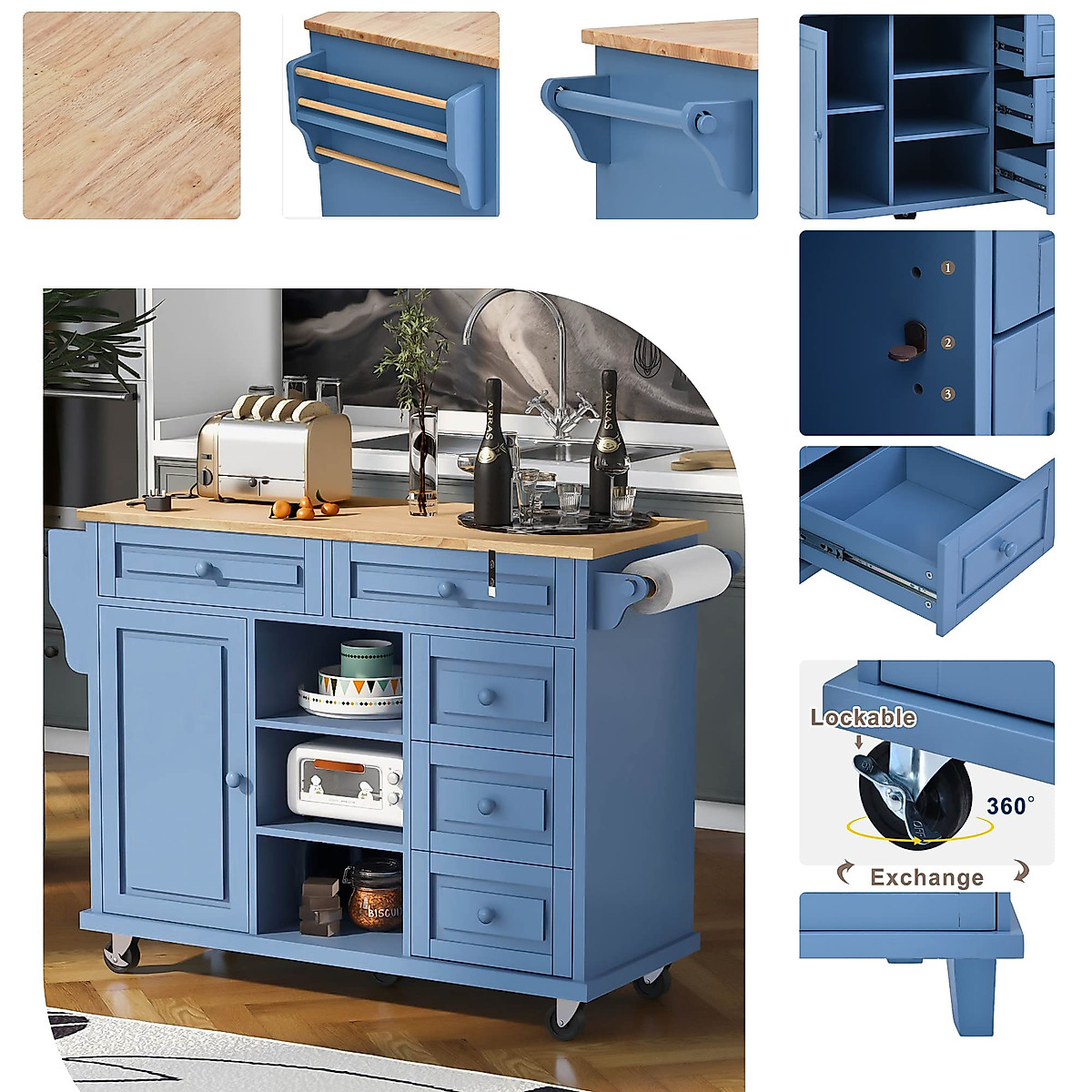 P PURLOVE Kitchen Island Cart with Solid Wood Desktop and Storage Cabinet, Rolling Mobile Kitchen Island Cart with Adjustable Shelves, Spice Rack, Towel Rack, 5 Drawers and Lockable Casters, Blue